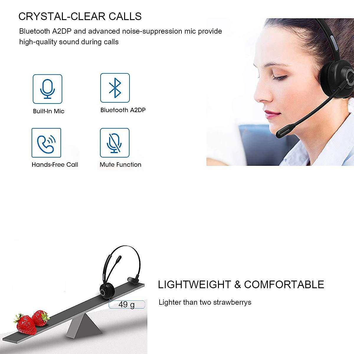 MERAIJIN Trucker Bluetooth Headset Wireless Headset with Microphone Over The Head Headphones with Noise Cancelling Sound On Ear Car Earphones Office Earpiece for Cellphone Call Center Bluetooth V5.0