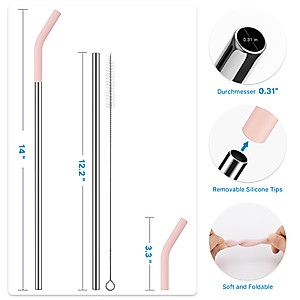 Bluwing Metal Straw with Silicone Tip for 40oz Stanley Cup, 2 Pcs Stainless Steel Straws Replacement for Stanley 40 oz 30 oz Adventure Quencher Travel Tumbler Cup, 1 Straw Brush (Light Pink)