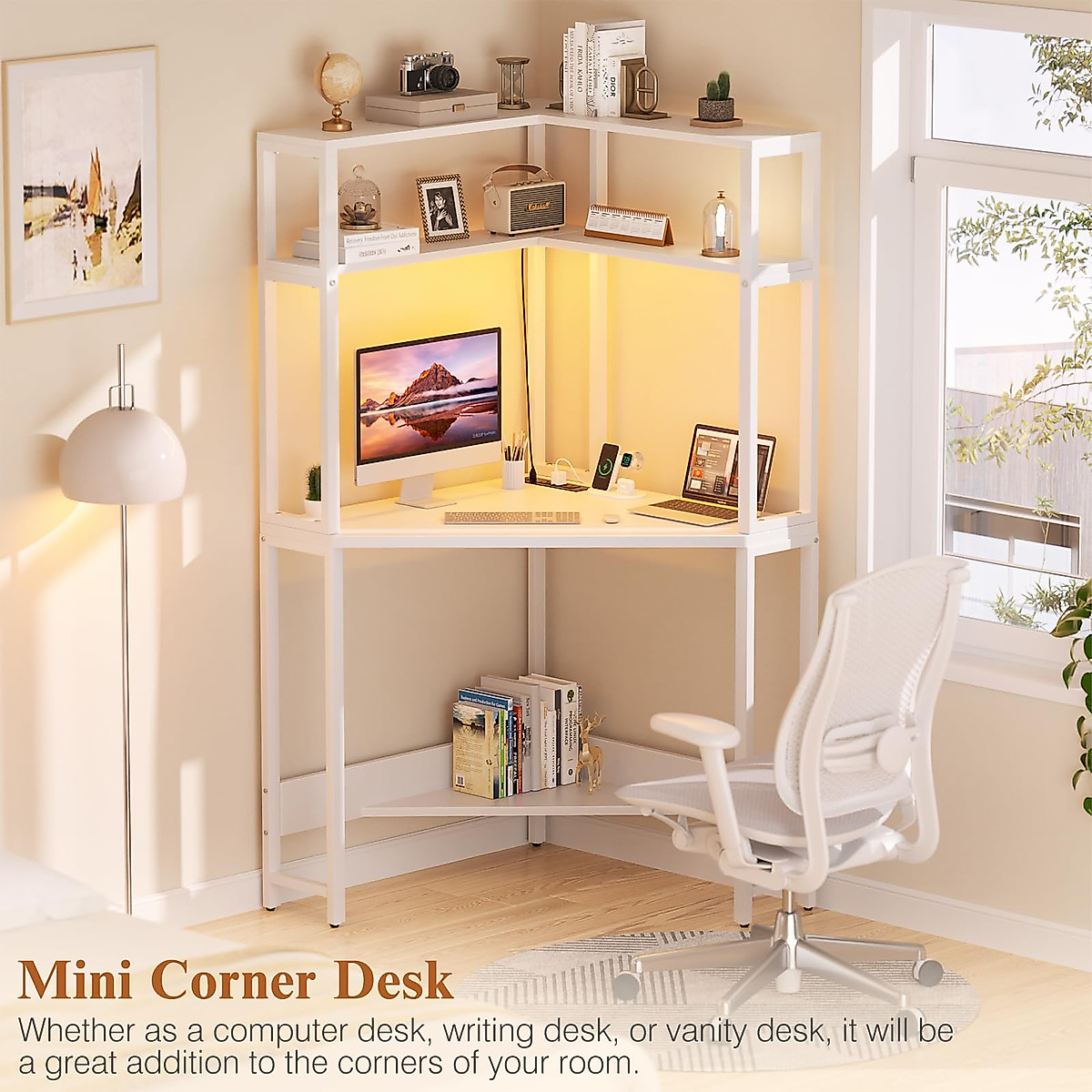 Cyclysio Mini Corner Desk with Hutch, Corner Gaming Desk with LED Light, Corner Computer Desk with Power Outlets, Triangle Corner Desk for Small Space, Home Office, Workstation, White