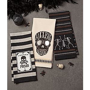 DII Happy Halloween Dishtowel Collection Embellished Cotton Kitchen Hand Towel Set, 18x28, Skeleton, 3 Count