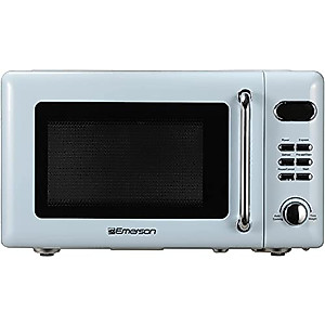 Emerson .7 Cu Ft Retro Digital Microwave Oven, 700W with 5 Micro Power Levels, 8 Pre-Programmed Settings, Express & Defrost, Chrome Handle & Control Buttons, Timer & LED Display, Retro Blue