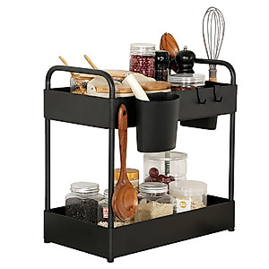 Kitchen Storage, Under Sink Organizer, NAYAHOSE 2 Tier Bathroom Storage Organizer Countertop with 4 Hanging Cups, 2 Handles, Under Cabinet Storage Tray Organize Holder for Cosmetics, Makeups, Spices