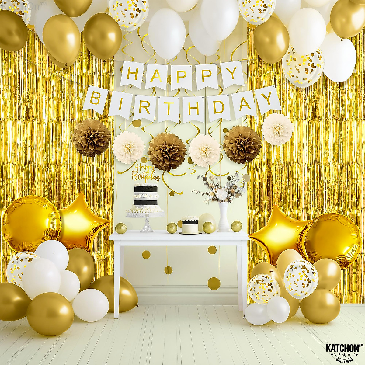 KatchOn, Gold Birthday Decorations Set - Pack of 45 | Gold Fringe Backdrop, Gold Happy Birthday Banner for Golden Birthday Party Decorations | Gold Happy Birthday Decorations | Gold Party Decorations