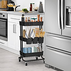CAXXA 3-Tier Rolling Storage Organizer with 3 Small Baskets - Mobile Utility Cart with Caster Wheels (Black)