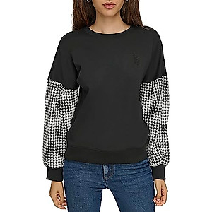 Karl Lagerfeld Paris Women's Houndstooth Detail Long Sleeve Blouse, Black