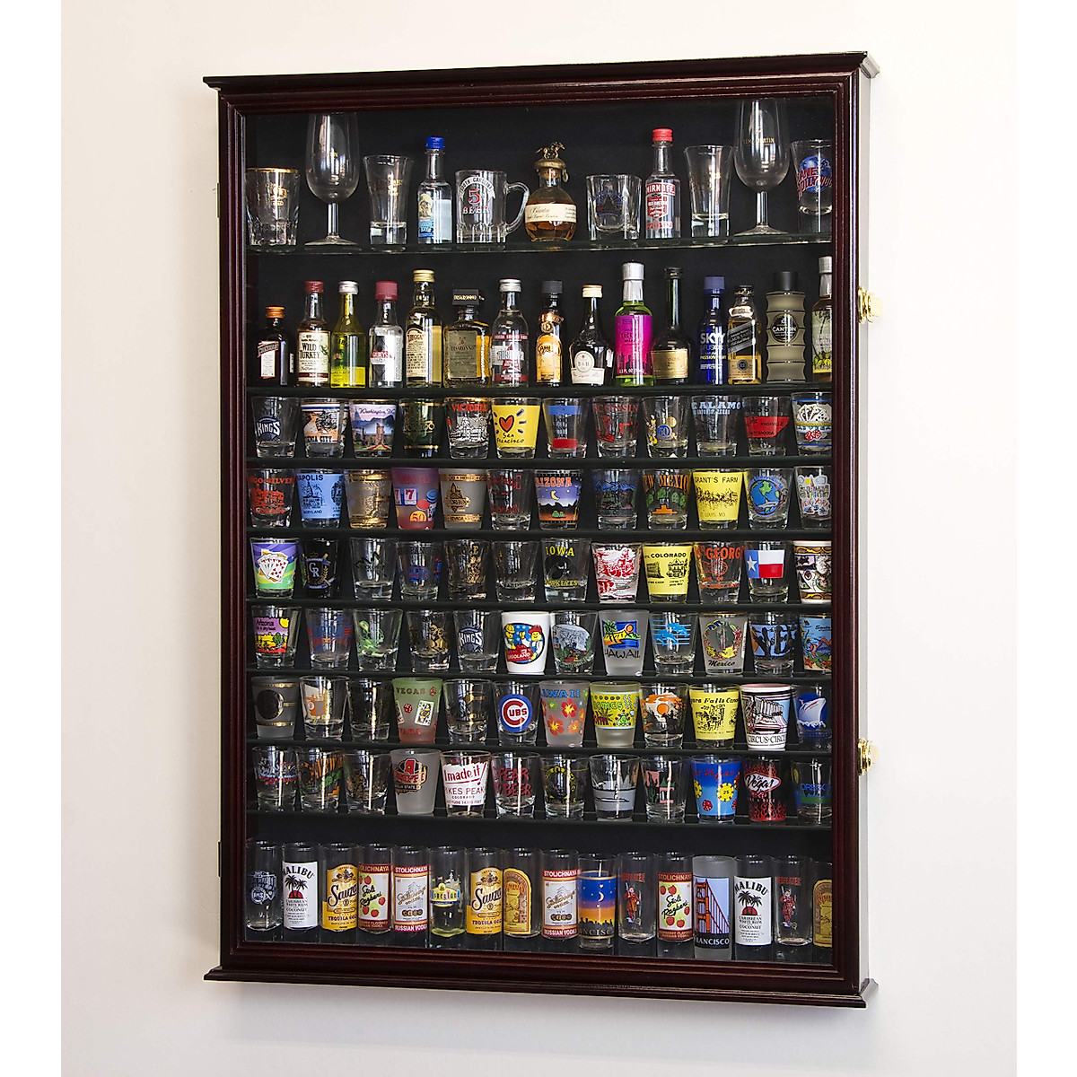 XL Shot Glass Display Case Rack Holder Cabinet for Tall Shooter and Mini Liquor Bottle -Cherry