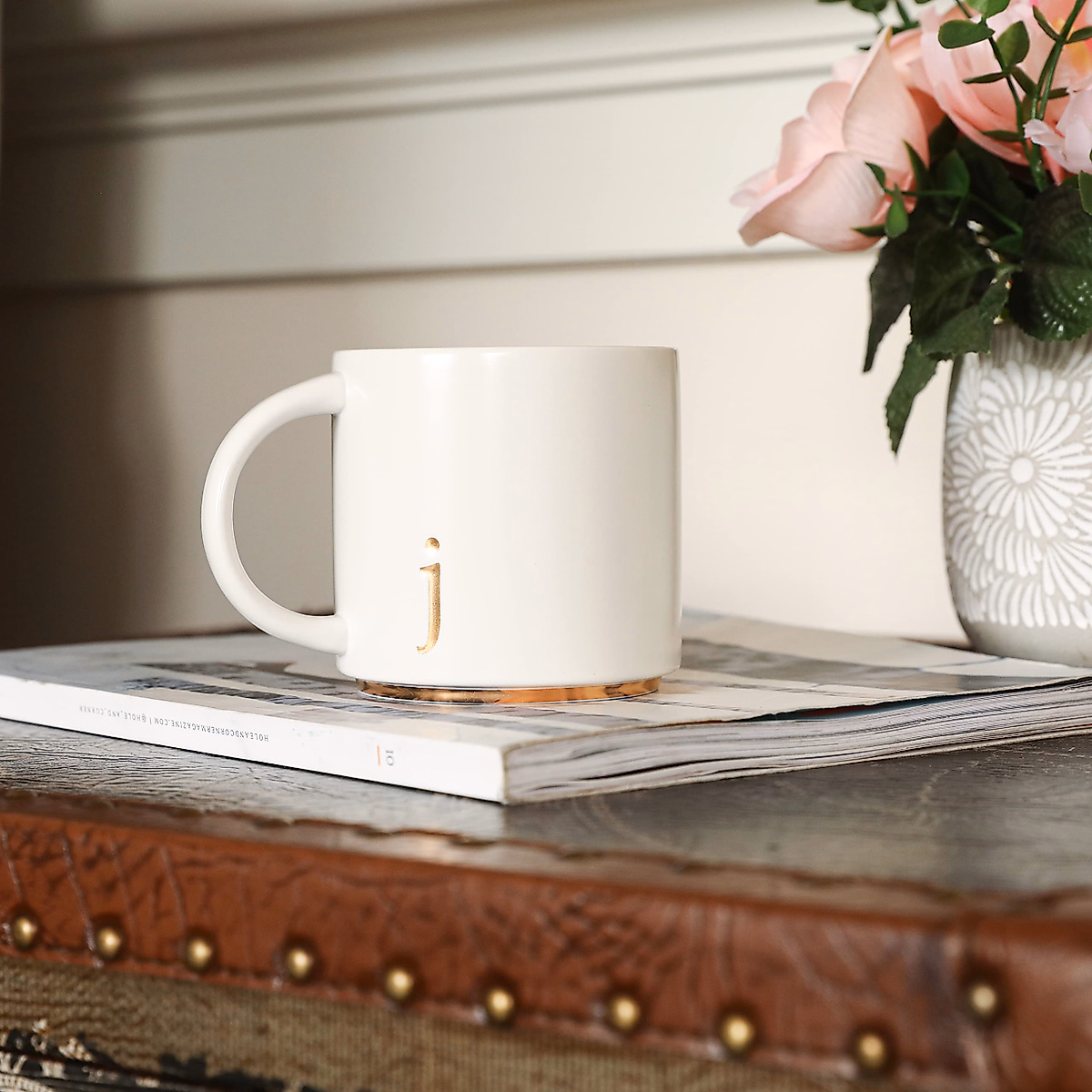 COLLECTIVE HOME - Monogram Ceramic Mugs, 15 oz Golden Initial Coffee Cups, Elegant Alphabet Tea Mugs, Elegant Personalized Mug with Gift Box, Luxurious Cups for Office and Home (j)