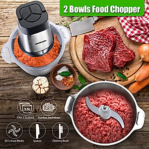 Qinkada Meat Grinder with 2 Stainless Steel Bowls, 500W Electric Food Processors, 3 Speed, 4 Bi-Level Bladesand Spatula for Baby Food, Meat, Onion, Vegetables, Fruits