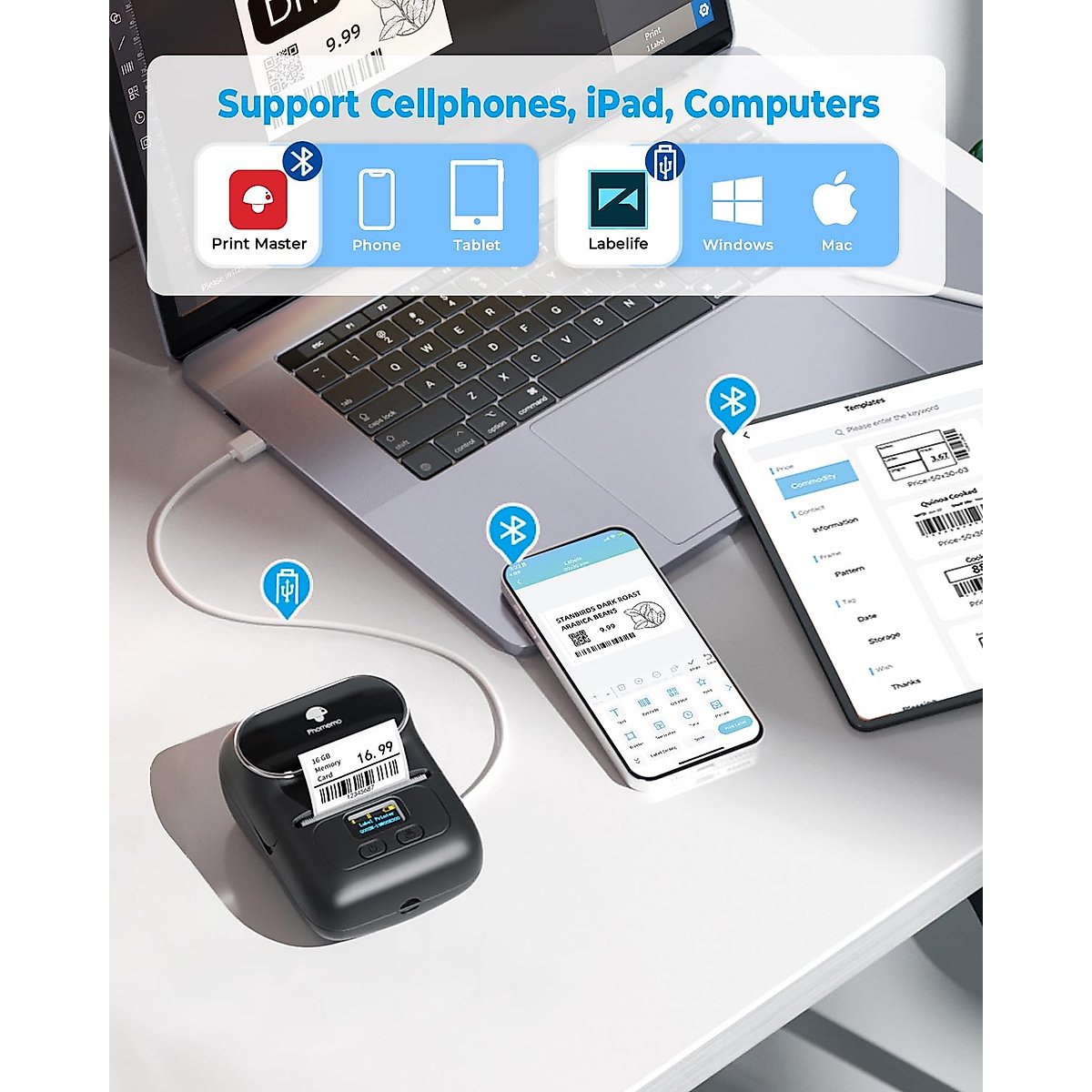 Phomemo M110 Label Printer - Bluetooth No Ink Printer, Mini Portable Barcode Label Printer for Retail, Address, Barcode, Home, for PC/Mac, iOS/Android, with 3pack Most Used Labels, Ebony Black