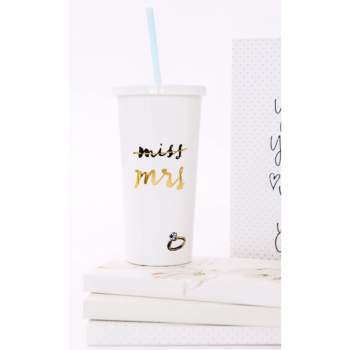 kate spade new york Bridal Acrylic Tumbler with Straw Bundle with Small Travel Jewelry Case Organizer (Miss to Mrs)