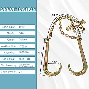 BLACKHORSE-RACING 5/16''x2' G70 J Hook Tow Chain V Bridle with Large Shank J Hooks and Grab Hooks,Flatbed Truck Trailer Safety Tow Chain 4700 lbs Working Load Limit
