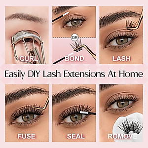 FADVAN DIY Lash Extension Kit D Curl Fluffy Lash Clusters Soft Velvet with Lash Bond and Seal and Lash Applicator Reusable 2 Styles Wispy False Eyelashes Easy to Apply at Home(Cece3+4,10-16MM-156 Pcs)