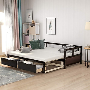 Daybed with Trundle and Drawers, Twin to King Design Sofa Bed,Wooden Extendable Bed Daybed for Bedroom Living Room, Espresso