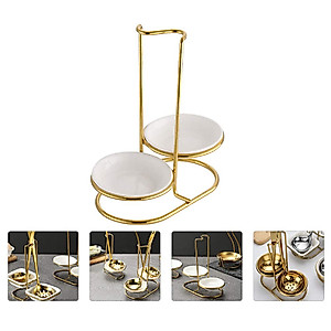 jojofuny Standing Spoon Rest with Ceramic Dish, Stainless Steel Upright Spoon Holder, Double Ladles Holder Utensil Stand for Stovetop Counter