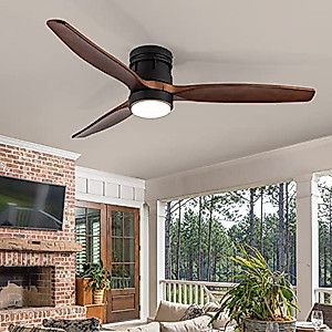 EKIZNSN 52 Inch Modern Outdoor Flush Mount Ceiling Fan with Lights Remote Control, Low Profile Wood Ceiling Fan with 3 Blades for Bedroom/Living Room, Walnut Wood