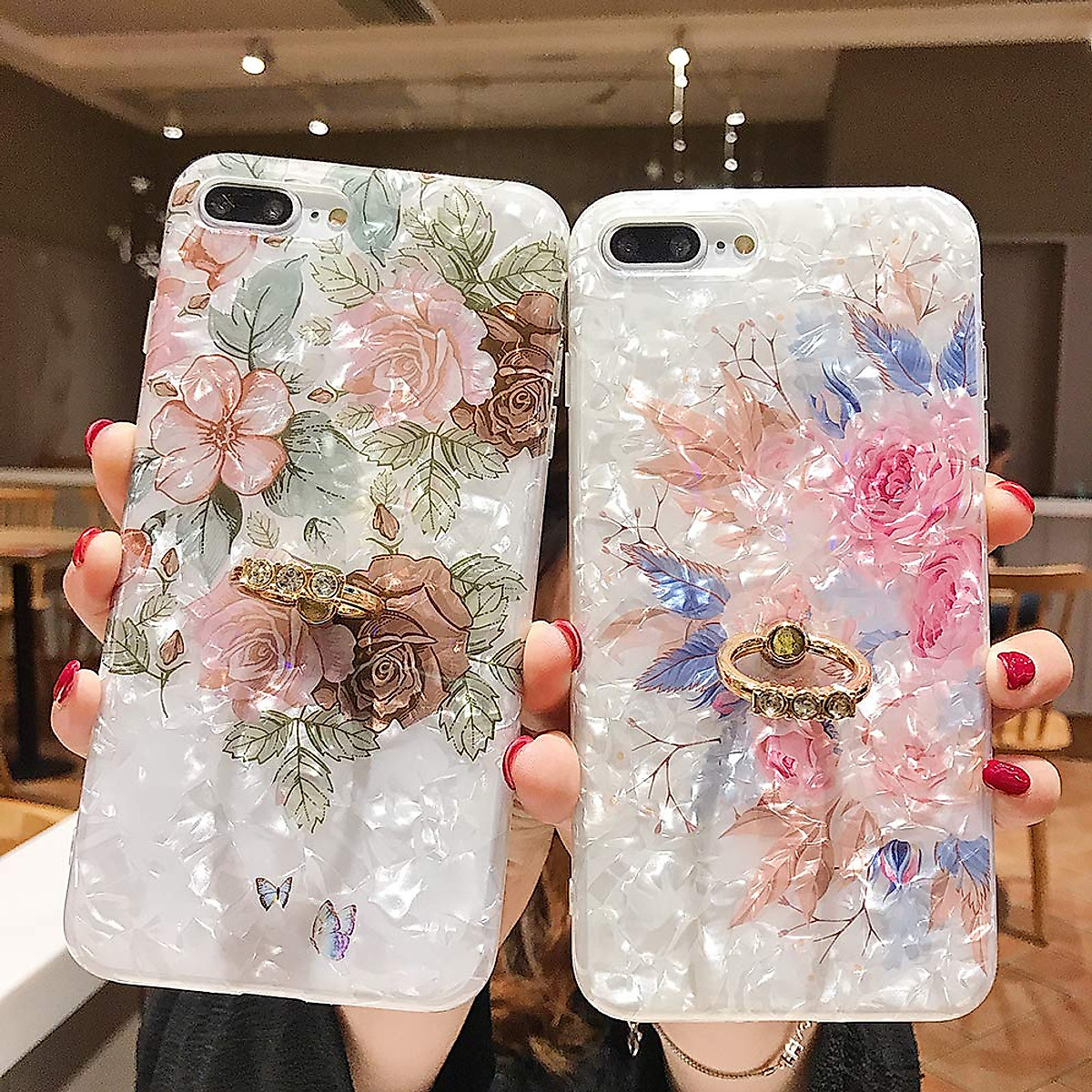Qokey Compatible with iPhone XR Case,Flower Case Cute Fashion for Men Women Girls with 360 Degree Rotating Ring Kickstand Soft TPU Shockproof Cover Designed for iPhone XR 6.1 inch Brown Floral
