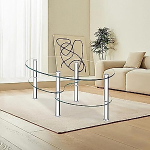 Glass Coffee Table, 3-Tier Oval-Shaped Glass Tea Table Modern Smooth Tea Table w/Spacious Glass Desk-Top Boards & Sturdy Chrome Plated Legs Home Office Reception