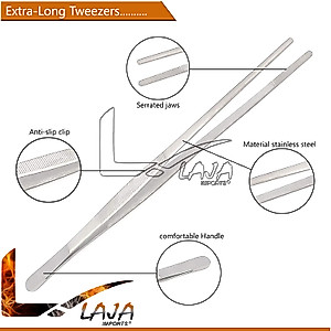 Laja Imports Stainless Steel Extra-Long 18 Inch Tongs Tweezers With Precision Serrated Tips For Garden, Kitchen, Indoor & Outdoor for Educational Use