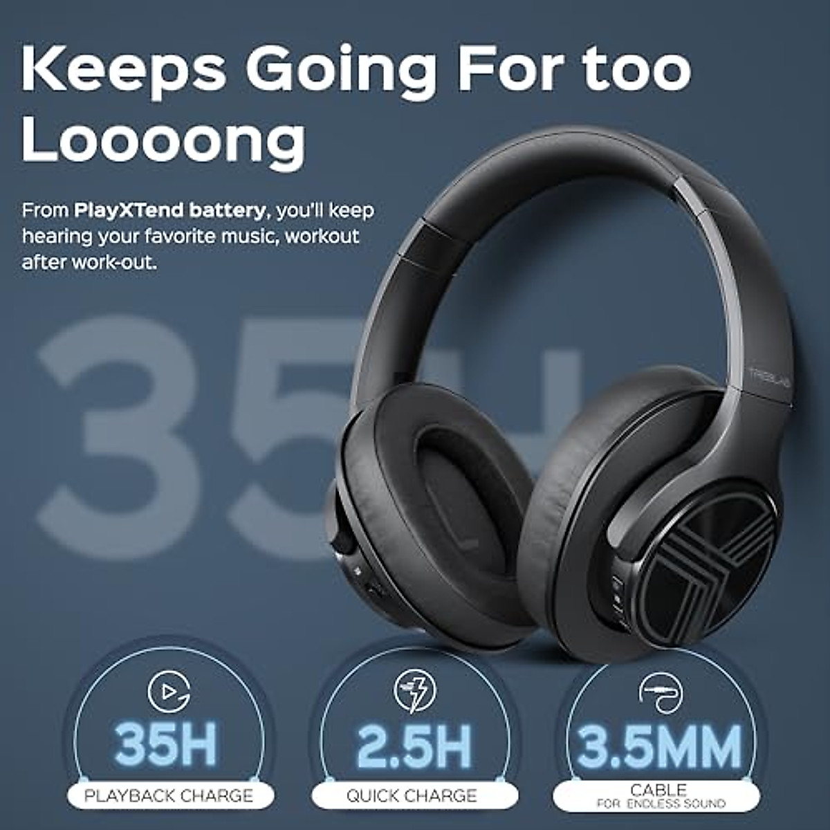 TREBLAB Z2 Active Noise Cancelling Workout Headphones - Signature-HD Sound, Deep Bass, 35H Battery, Comfortable, Foldable Over Ear Bluetooth Headphones Wireless. for Gym, Sport, Travel. Mic for Calls
