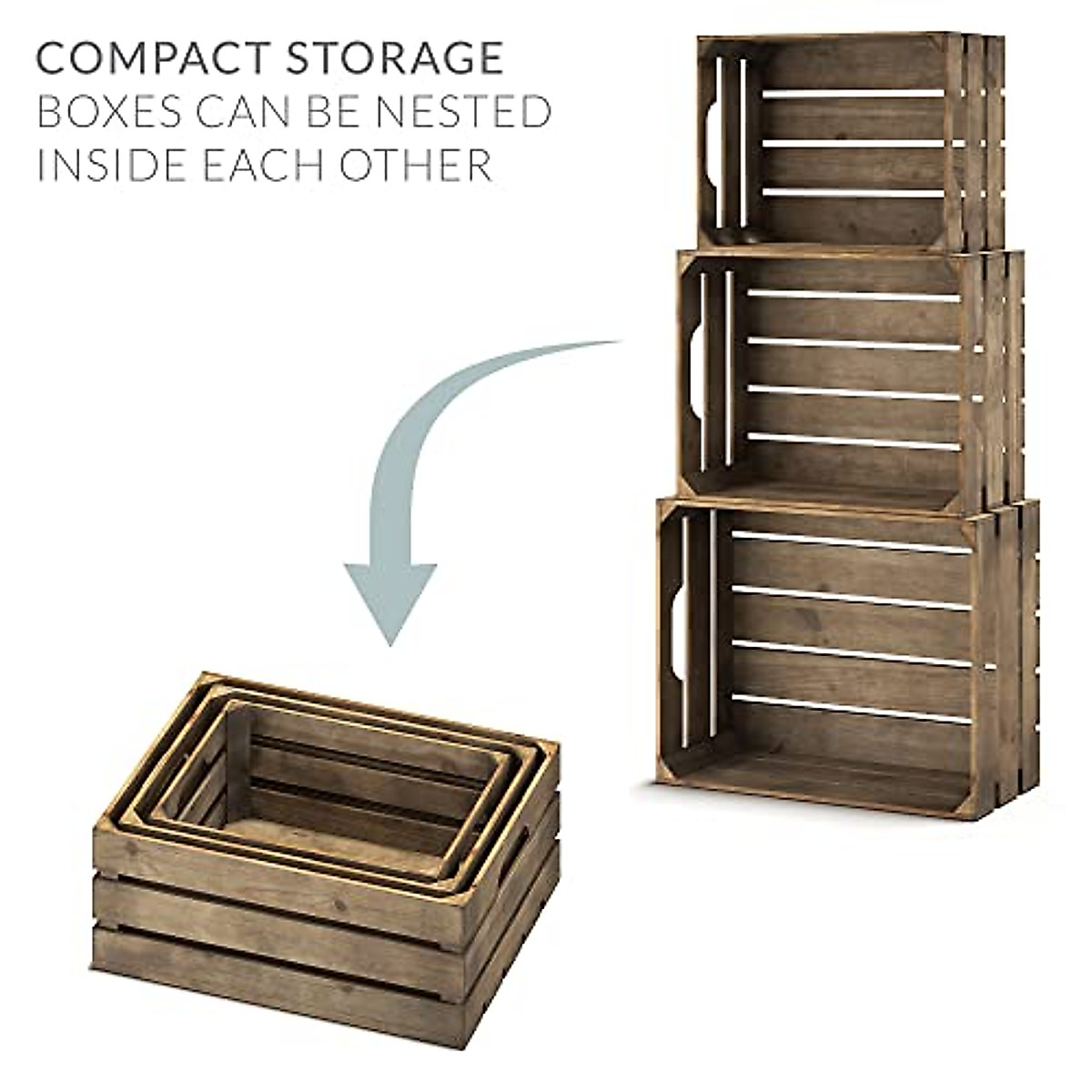 Wood Crates Set of Three - Decorative Large Nesting Rustic Wooden Crates for Storage, Display, Decor, Boxes - Stackable or Mountable Wooden Crate for Photography - Wooden Crates for Decoration - Wood Crate Bulk (Brown) by Barnyard Designs