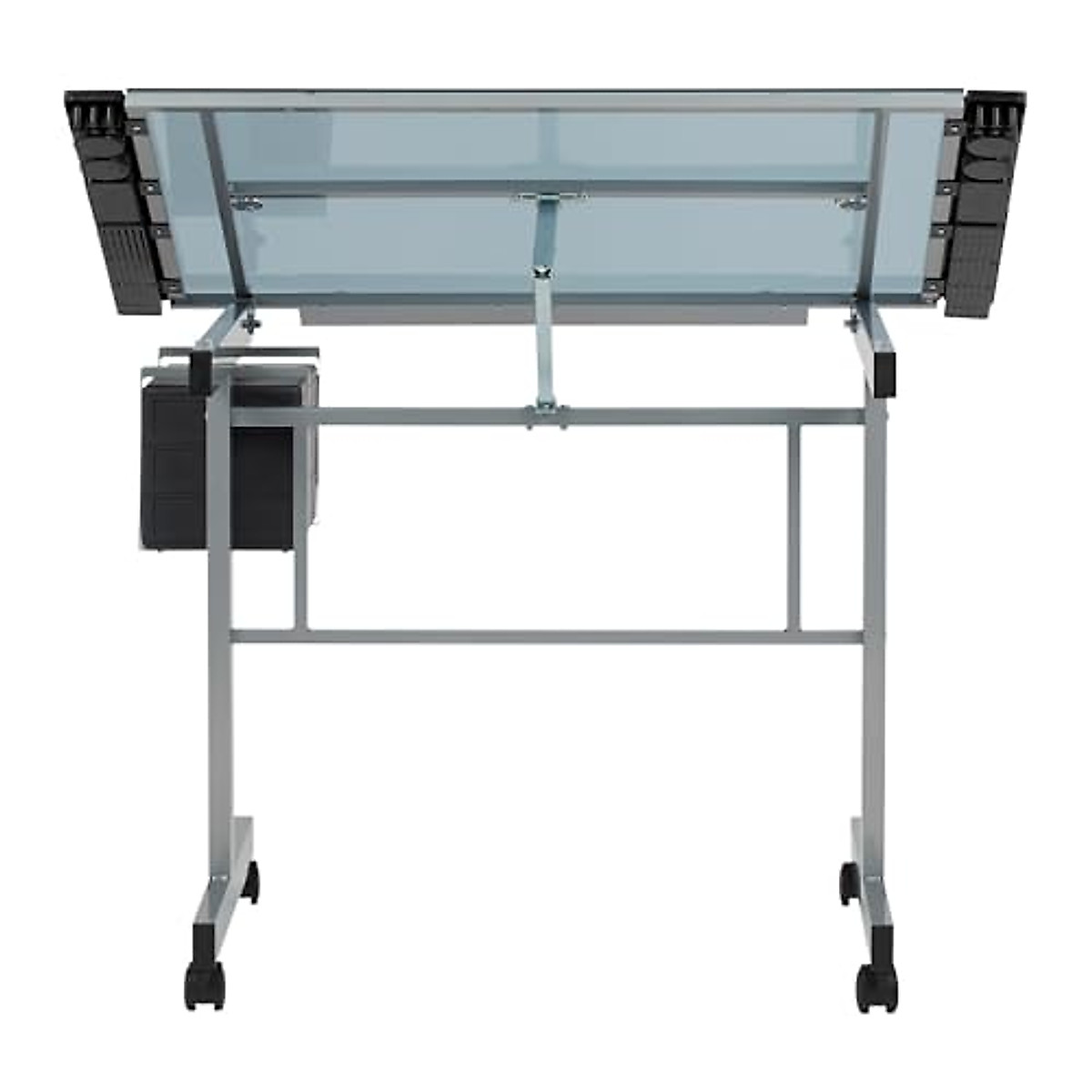 Studio Designs Vision Craft and Drawing Station - 35.5" W by 23.75" D Silver-Blue Glass Top Drafting Table with Pencil Drawers, Side Trays, & Built-In Pencil Ledge - Angle Adjustable Work Surface