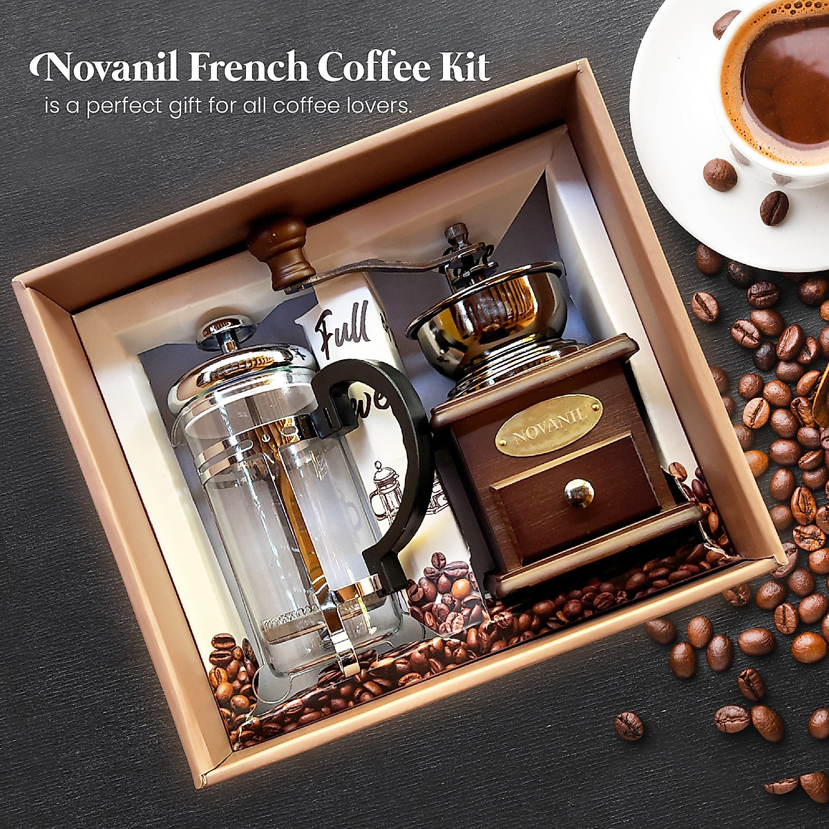 NOVANIL FRENCH COFFEE KIT - ANTIQUE STYLE COFFEE SET, FRENCH PRESS & HEAT-RESISTANT GLASS POT, WOODEN MANUAL COFFEE GRINDER & GIFT BOX