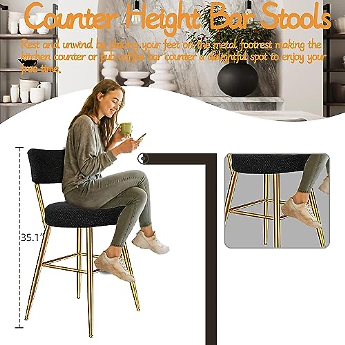 Sucrever 24” Boucle Bar Stools Set of 6, Counter Height Bar Stools with Back, Sherpa Barstools with Golden Metal Legs/Footrest, Black Boucle Bar Chairs Bar Stools for Kitchen Island, Dining Room