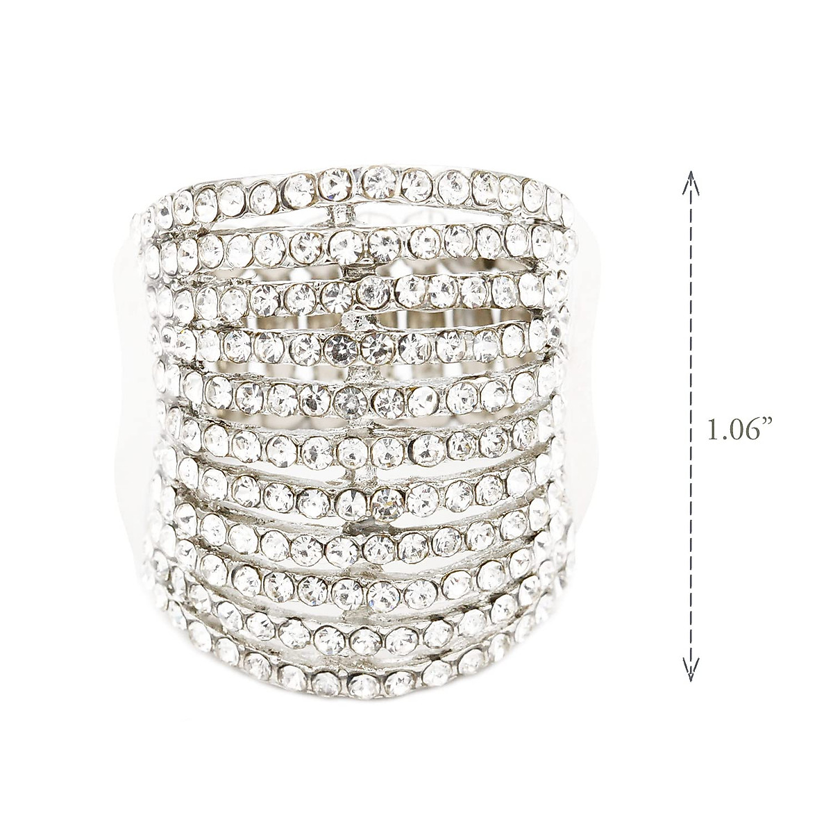 Lavencious 11 Rows with Crystals Stretch Rings Statement Rings Free Size 7 to 9 for Women (Silver + Clear Crystals)