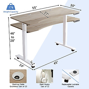 BUNOEM Height Adjustable Electric Standing Desk, 55x30 Height Stand Up Computer Desk,Sit and Stand Home Office Desk with Splice Board (Oak Top & White Frame)