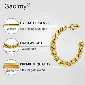 Gacimy Twisted Gold Hoop Earrings for Women 14K Real Gold Plated, 925 Sterling Silver Post Chunky Hoop Earrings for Women, 25mm Medium Braided Hoop Earrings