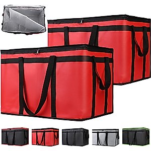 CIVJET 2-Pack Insulated Food Delivery Bag with Hard Bottom, XXX-Large Insulated Reusable Grocery Cooler/Hot Bags, Tote Bag for Shopping/Travel/Doordash, Red