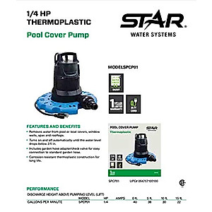 Star SPCP01 ¼ HP Automatic ON/OFF Swimming Pool Cover Pump with Garden Hose Adapter & 25' Power Cord, 2400 GPH Fast Water Removal, Submersible, Blue