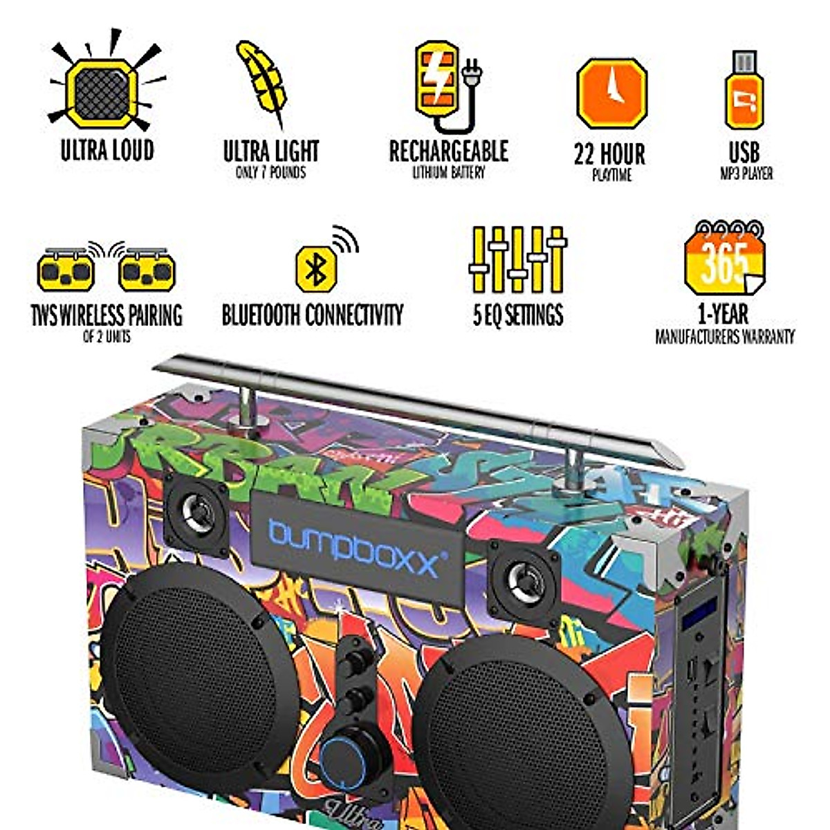 Bumpboxx Bluetooth Boombox Ultra Black Graffiti BBG | Retro Boombox with Bluetooth Speaker | Rechargeable Bluetooth Speaker