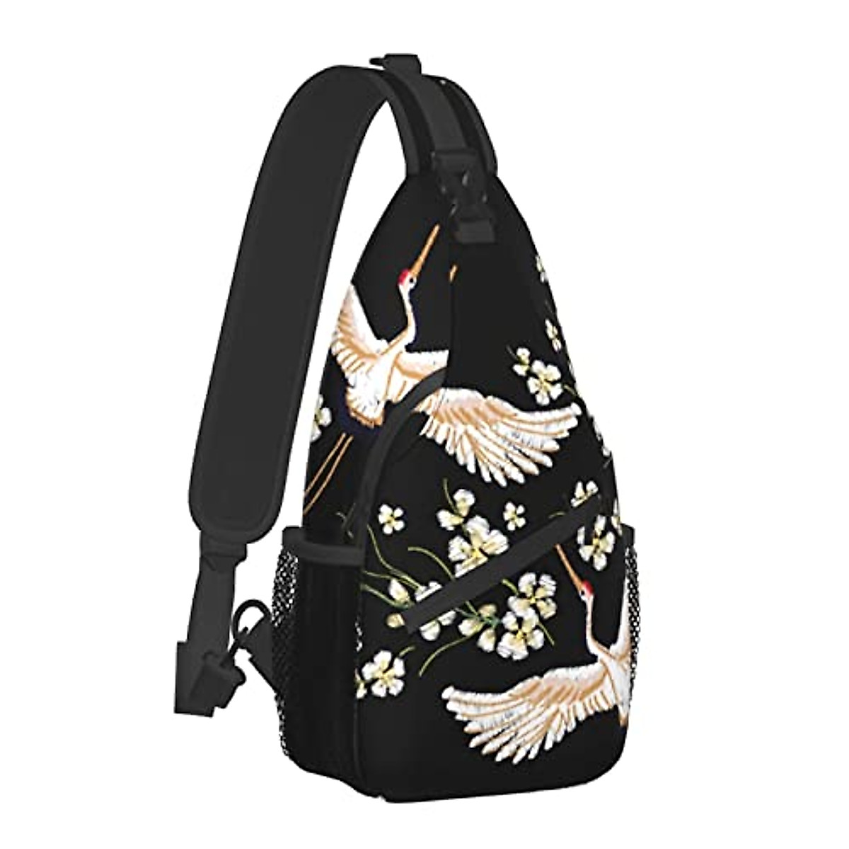 Retro Japanese Embroidery Crane Cherry Blossom Cross Chest Bag Diagonally Sling Backpack Crossbody Shoulder Bag Travel Hiking Daypacks for Men Women