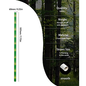 Green Bamboo Paper Straws, 100 Pieces Bamboo Printed Disposable Biodegradable Paper Drinking Straws for Cocktail, Party Decoration