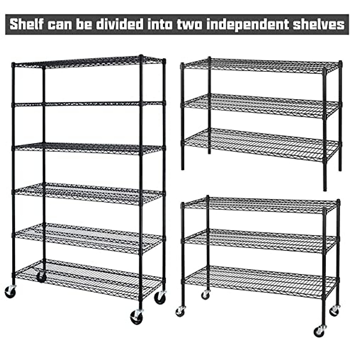 Dlewmsyic 6 Tier Storage Shelves, 5999 Lbs Capacity Metal Shelf with Wheels Height Adjustable NSF Certification 48" L×18" W×72" H Heavy Duty Wire Shelving Units for Garage Pantry Kitchen Rack, Black