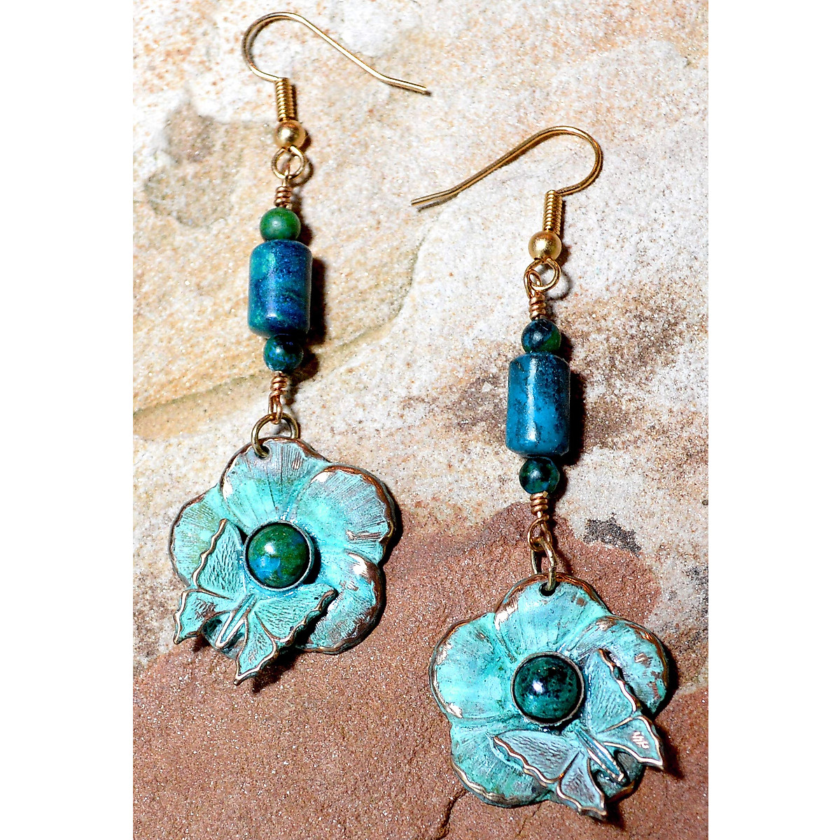 Elaine Coyne Wearable Art Verdigris Patina Brass Asian Delight Butterfly on Flower Dangle Earrings - Chrysocolla