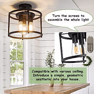 Farmhouse Semi Flush Mount Ceiling Light Fixture Black Industrial Kitchen Ceiling Light Rustic Vintage Ceiling Mount 3 Lights Chandelier Lighting for Dining Room Hallway Entryway Bedroom Living Room