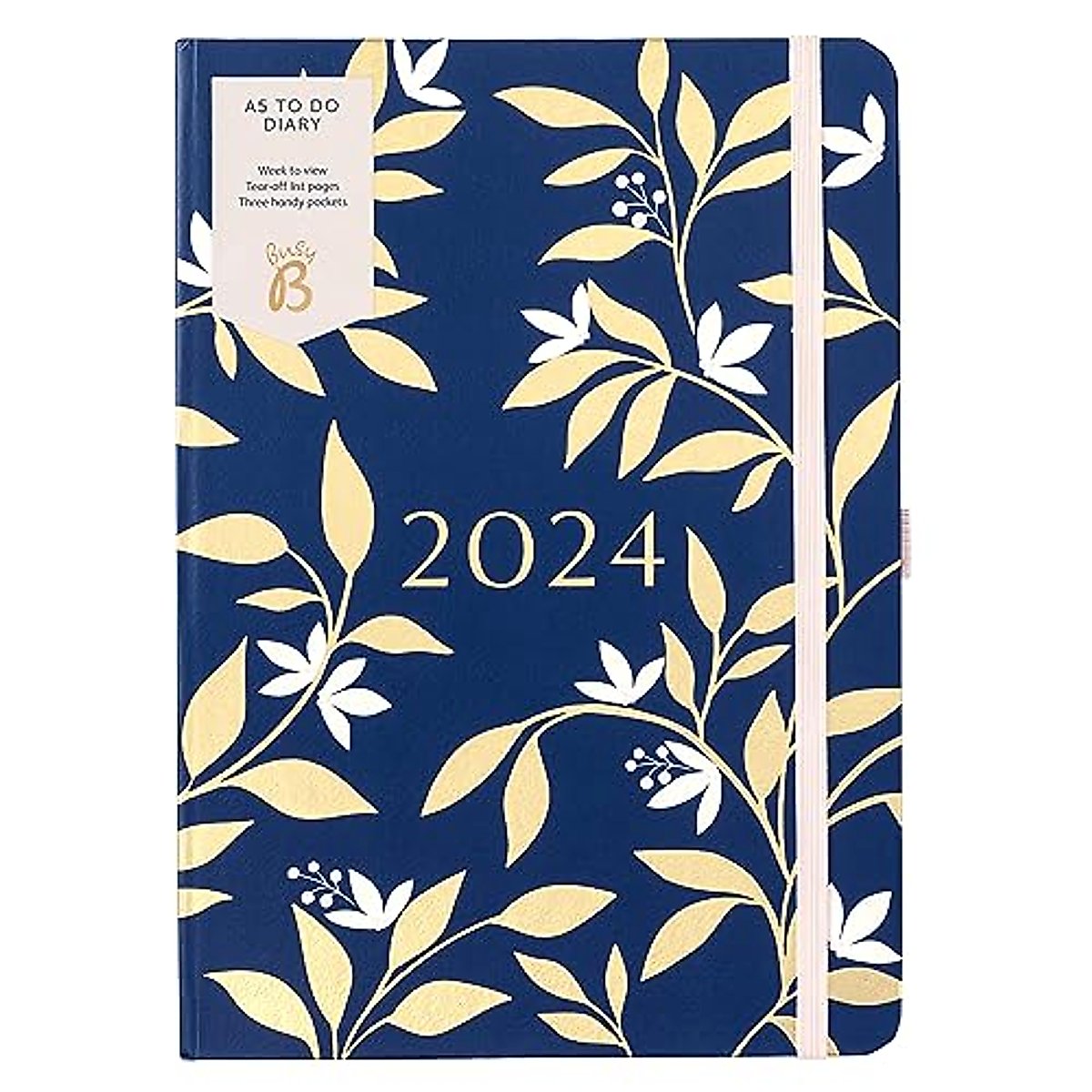 Busy B A5 To Do Diary January to December 2024 - Navy and Gold Floral - Week to View Diary with Notes, Tear-Out Lists & Pockets