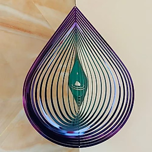 Kexsscai Wind Spinner Garden Indoor Outdoor Decor 3D Stainless Steel Metal Hanging Decorations, 3D Water Droplets Pattern Metal Wind Sculptures & Spinners Whirligig Gifts with 12inch(Green&Purple)