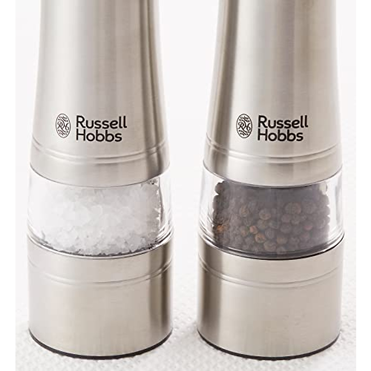 Russell Hobs 7923JP Electric Mill, Salt and Pepper (Set of 2), Wood Stand Set, Silver