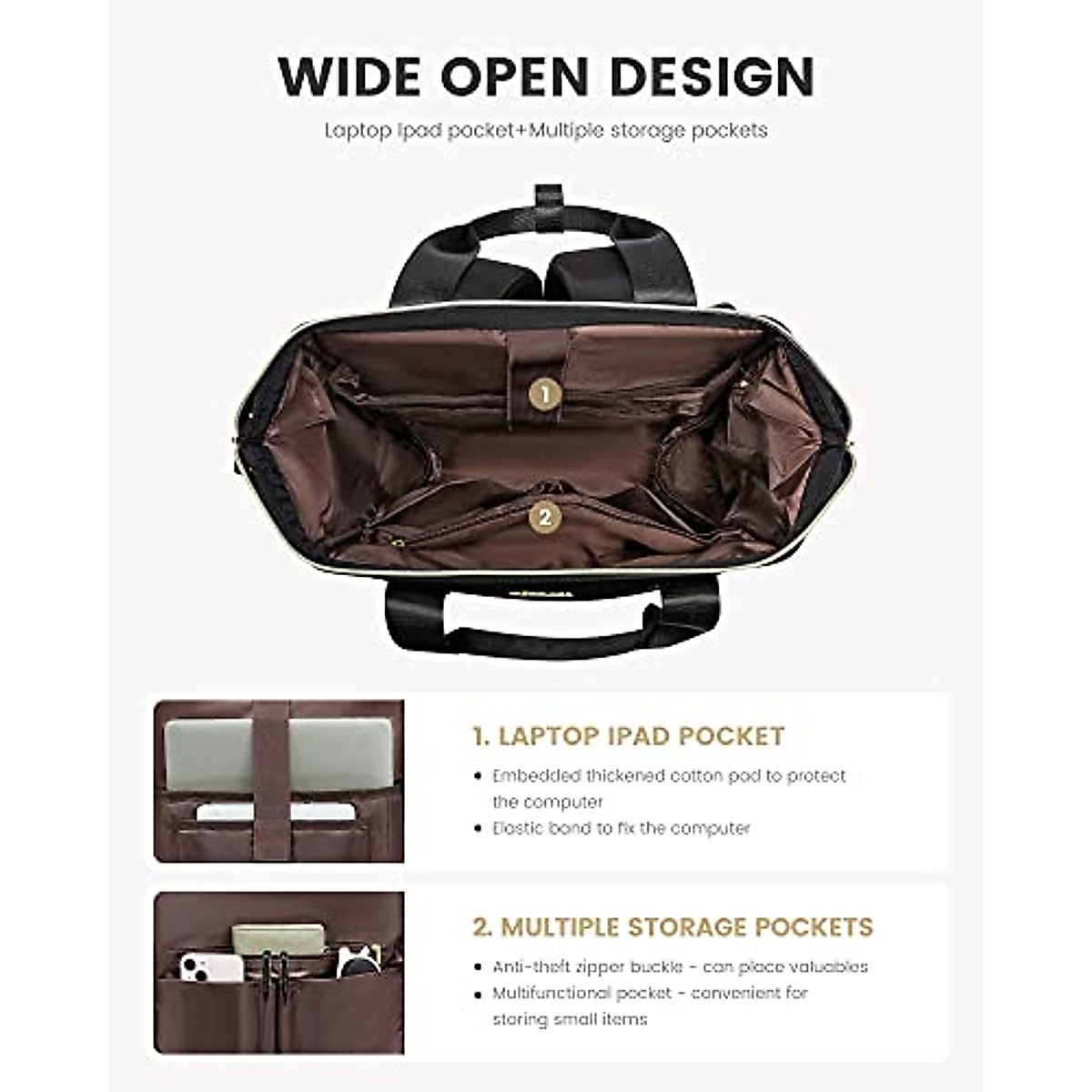 LOVEVOOK Laptop Backpack for Women Wide Open Computer Work Bag Business Travel Backpack Quilted Convertible Tote Backpack Purse 15.6 Inch Teacher Nurse Computer Laptop Bag with USB Port, Black