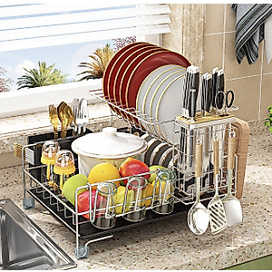 slhsy Dish Drying Rack, Stainless Steel 2-Tier Dish Rack with Cup Holder Utensil Holder Cutting Board Holder Knife Holder Drain Board for Kitchen Counter