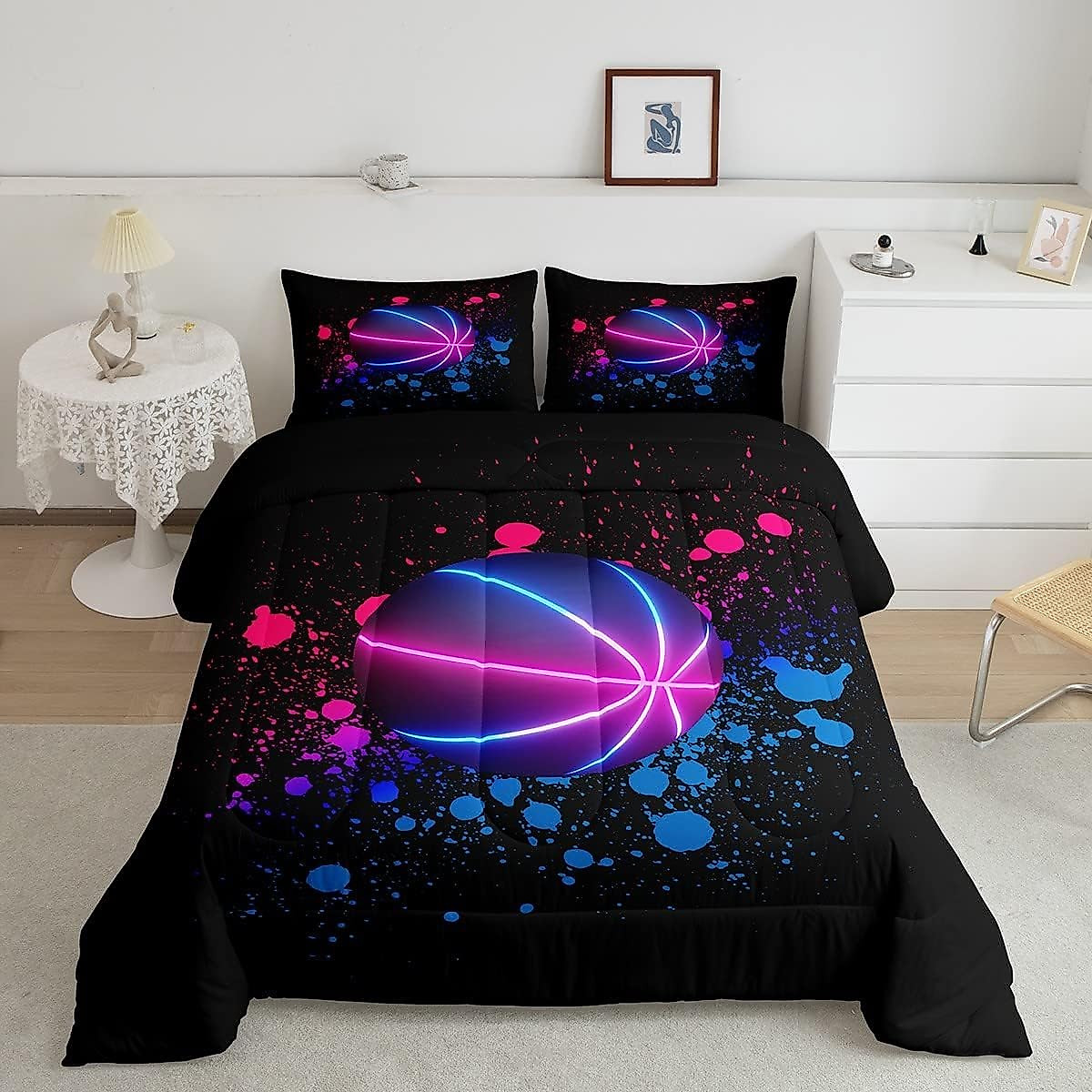 Basketball Comforter Set,Neon Basketball Bedding Set Twin,Pink Blue Tie Dye Printed Duvet Insert For Kids Boys Girls Teens Bedroom,Black Sports Theme Down Comforter With 1 Pillow Case,Lightweight Soft