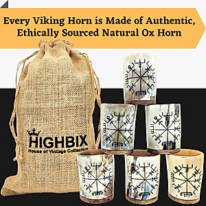 HIGHBIX Royal Vikings Drinking Horn Shot Cup Set of 6 Wooden Base Genuine Handcrafted 5oz Vikings Cup (White Snow)