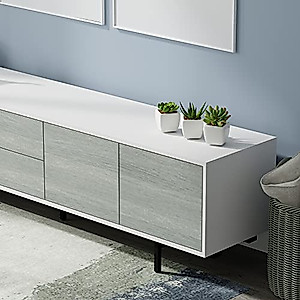 Glenwillow Home Atlas 78" x 20" Modern TV Stand Cabinet - White Frame, Grey Door/Drawers, Black Base