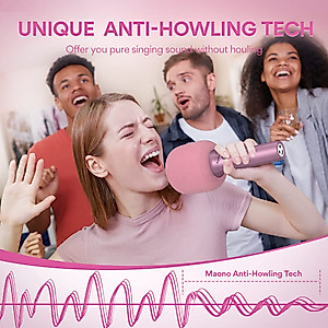 MAONO Bluetooth Karaoke Microphone, MKP100 Portable 3-in-1 Wireless Handheld Mic with 8 Magic Sounds for Car Travel Home Party, Music Recording, AUX, Duet Singing, Gift for Kids Adults (Rose Gold)