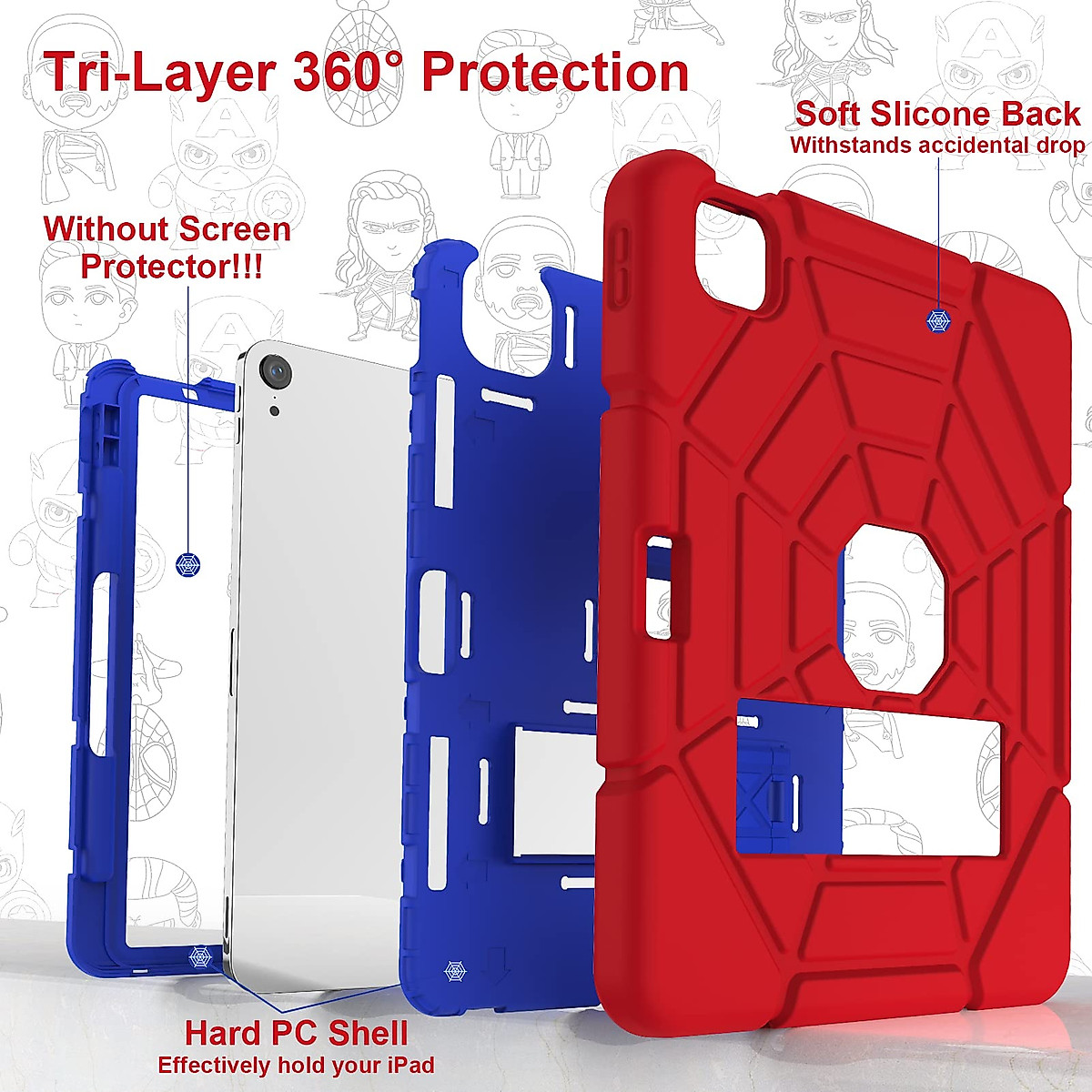 CCMAO Case for iPad Pro 11 Inch 2022/2021/2020/2018, iPad Air 5th/4th Generation 10.9 Inch Case with Pencil Holder, Heavy Duty Shockproof Protective Cover for Kids Boys Children, Red+Blue