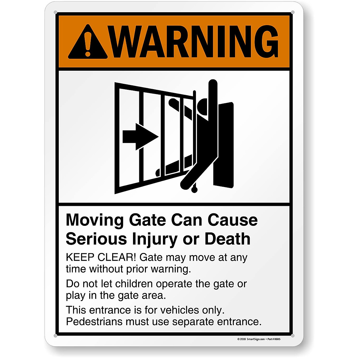 SmartSign 24 x 18 inch “Warning - Moving Gate Can Cause Injury Or Death” Metal Sign, 80 mil Laminated Rustproof Aluminum, Black, White and Orange, Made in USA