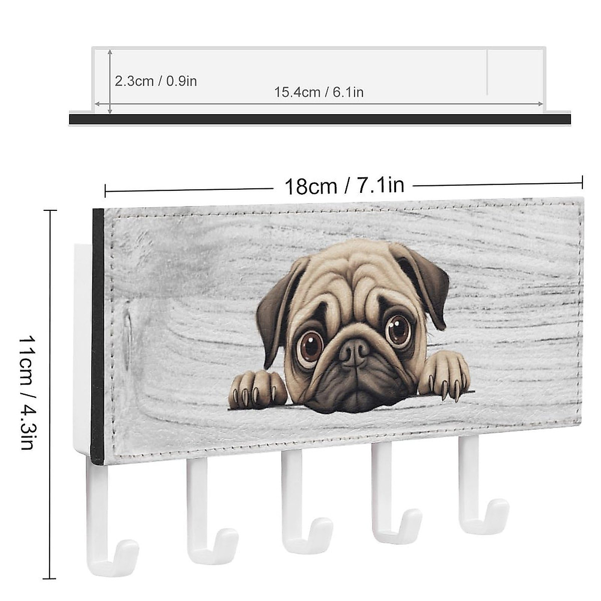 Pug Key Holder for Wall, Dog Mom Gift Mail Holder and Key Rack for Entryway,Rustic Key Hangers with 5 Hooks, Wall Mount for Entryway, Mudroom, Hallway